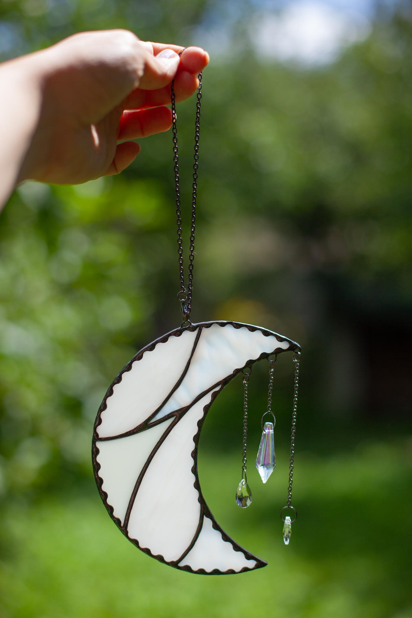 Handcrafted White Stained Glass Moon Suncatcher With Sparkling ...