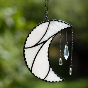 Handcrafted White Stained Glass Moon Suncatcher With Sparkling ...
