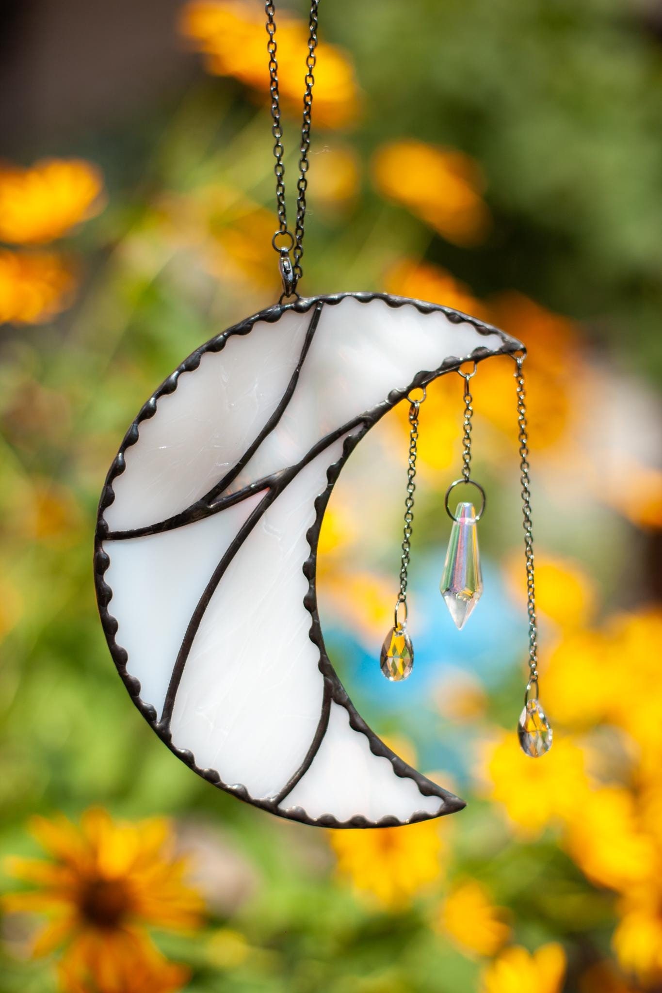 Handcrafted White Stained Glass Moon Suncatcher With Sparkling ...