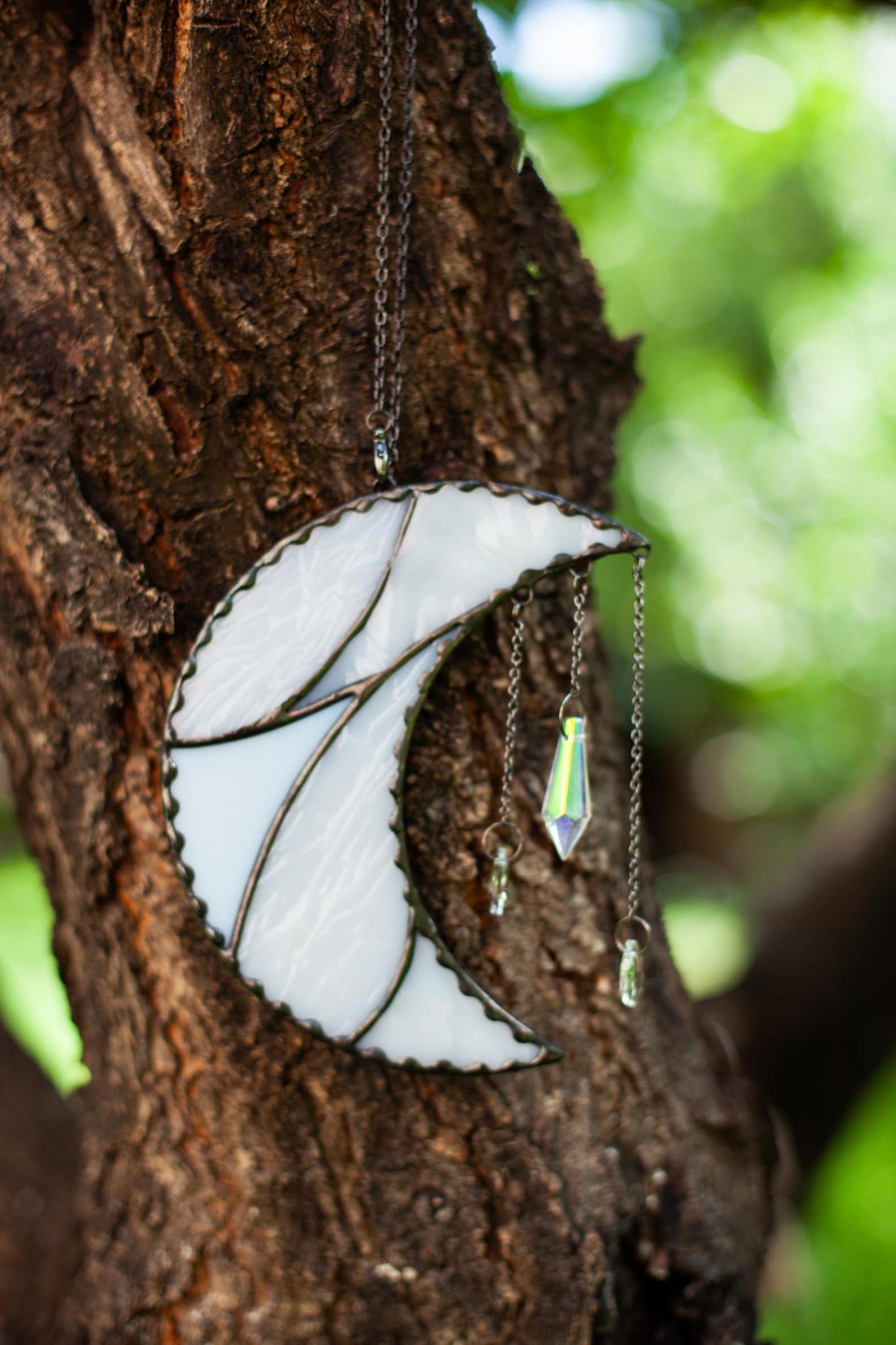Handcrafted White Stained Glass Moon Suncatcher With Sparkling ...
