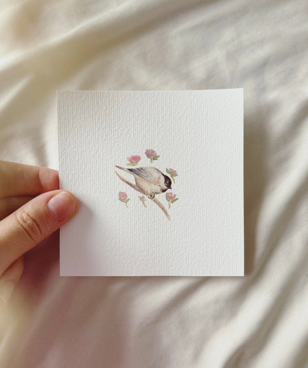 Chickadee With Pink Flowers - Miniature Art Print - Print After My ...