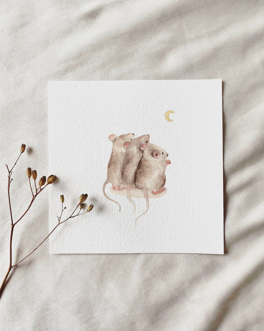 Three Mice in the Night Moonlight Miniature Art Print From Original ...