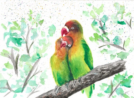 Wall Décor A5 Original A5 Love birds A4 Print Green and yellow 2 Home ...