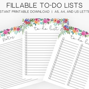 To Do List Fillable Printable | Notes PDF | Flower List Editable | To ...