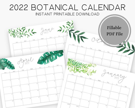 Digital Botanical Calendar 2021 Monthly Planner Botanical Leaves ...