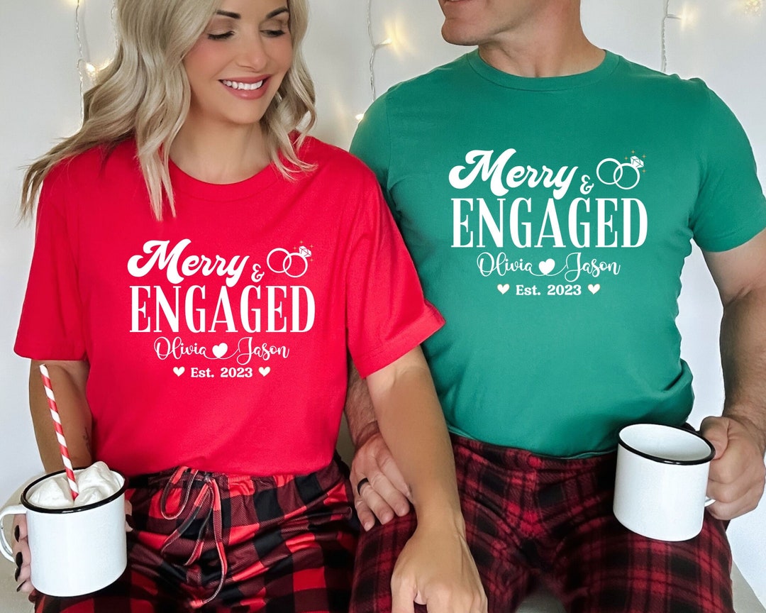 Personalized Merry and Engaged Shirt, New Engaged Christmas Long Sleeve ...