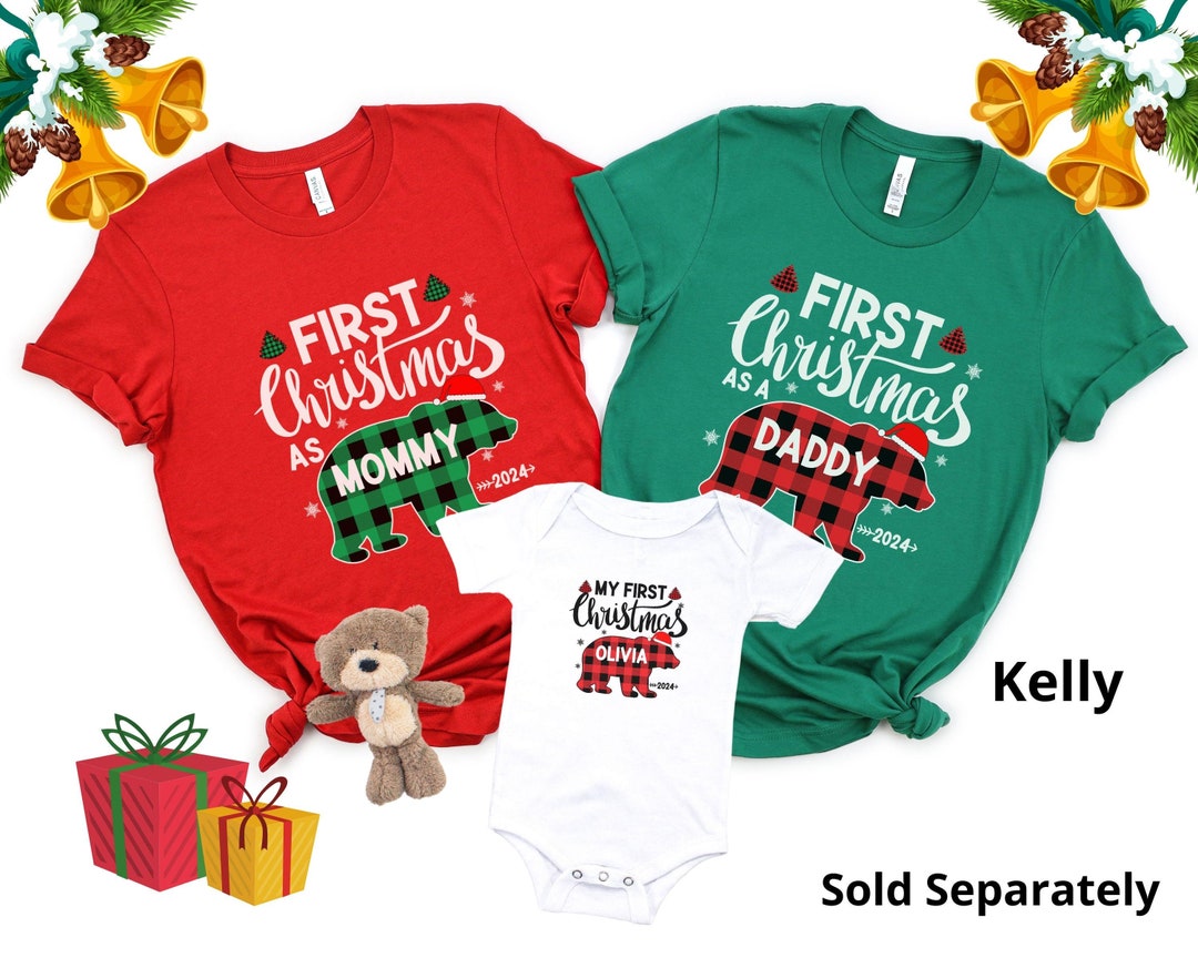 Personalized Bear First Christmas Family Shirts, Buffalo Plaid Bear ...