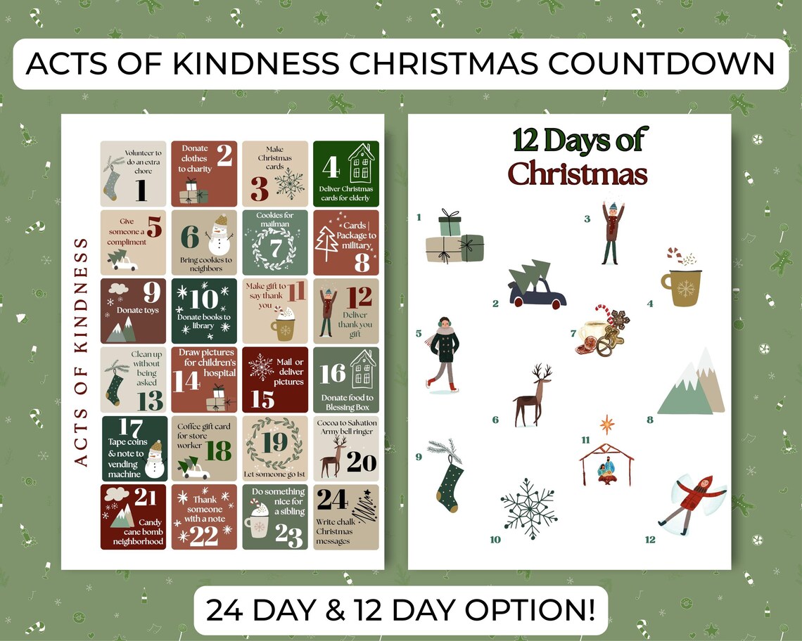 Acts of Kindness Christmas Countdown, 24 Days, 12 Days of Christmas ...