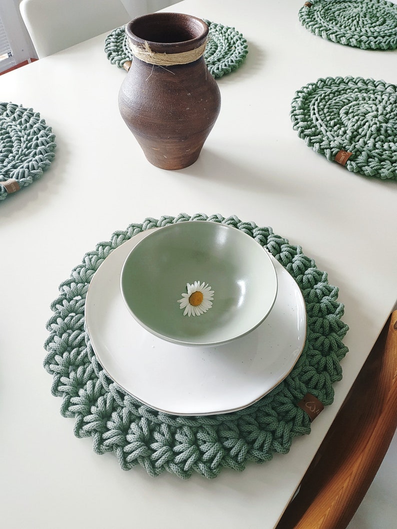 Knitted Placemats, Crochet Cotton Table Decor, Handmade Round Placemats ...