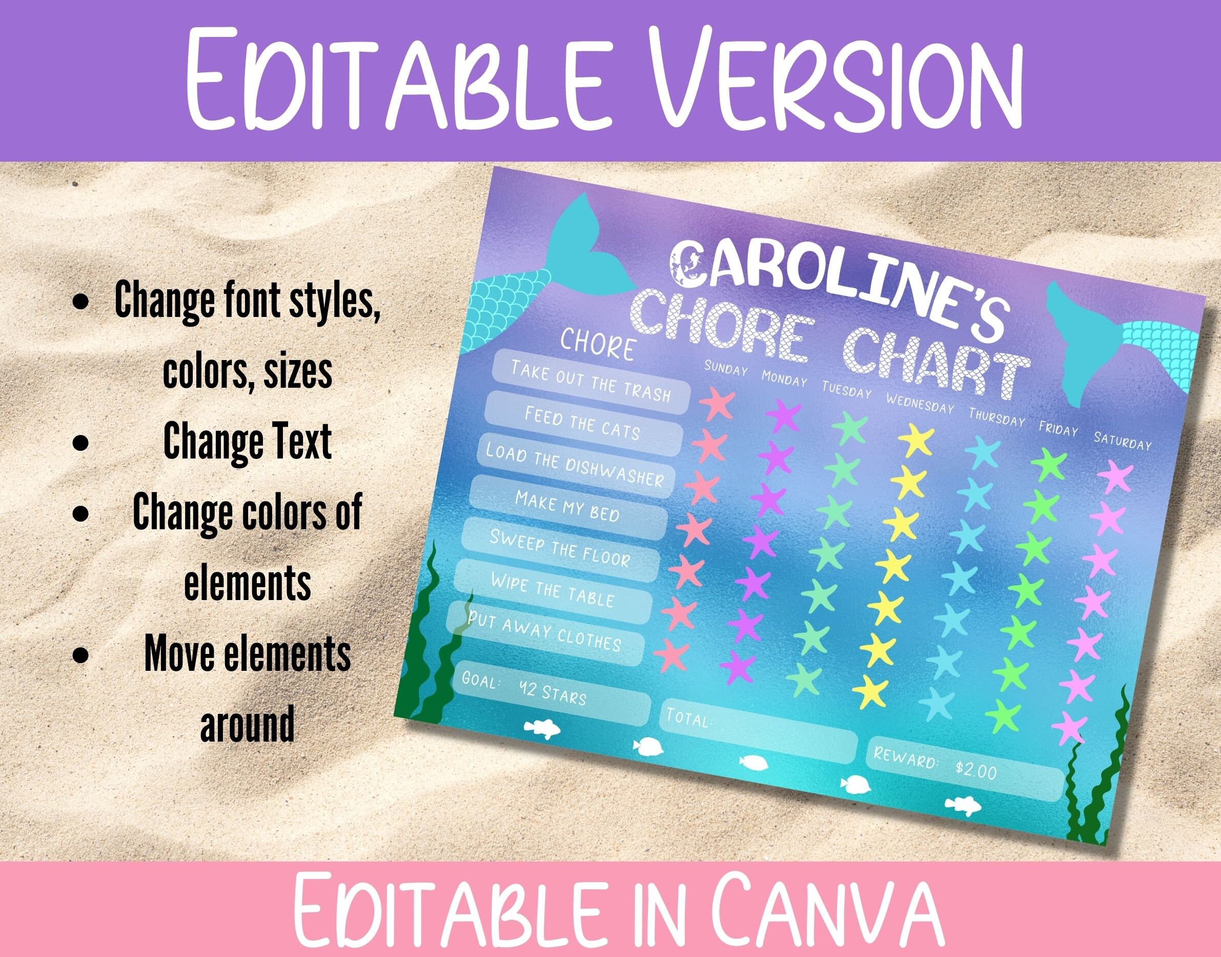 Chore Chart Printable and Editable Mermaid Weekly Chore Charts for Kids ...