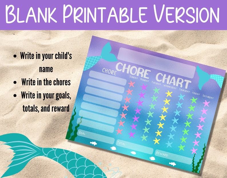 Chore Chart Printable and Editable Mermaid Weekly Chore Charts for Kids ...