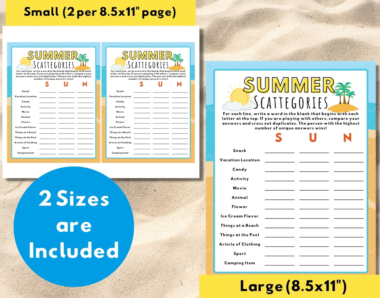 Summer Scattergories Printable Party Game, Large Group Games for ...