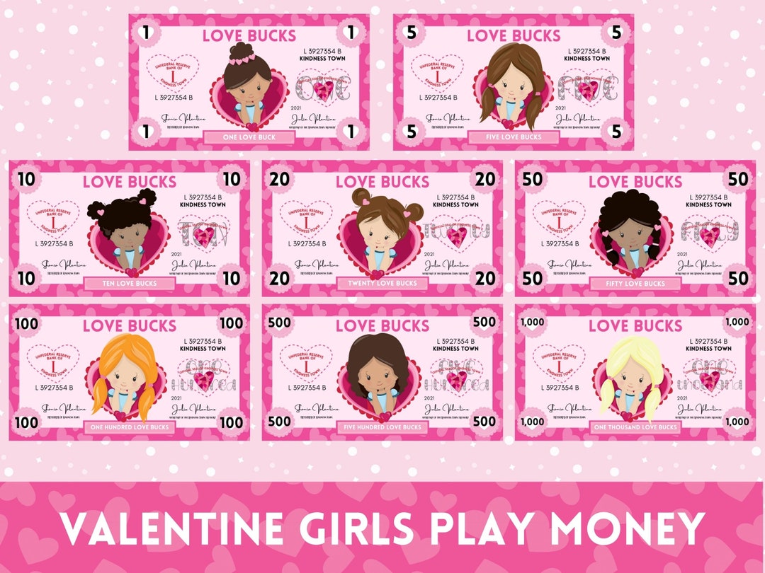 Valentine's Girl Love Bucks Printable Play Money, Valentine's Day Gift ...