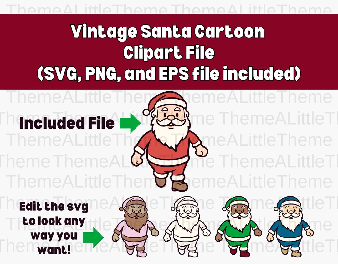 Vintage Santa Claus Cartoon, SVG, EPS, and PNG Clipart File, Cute Santa ...