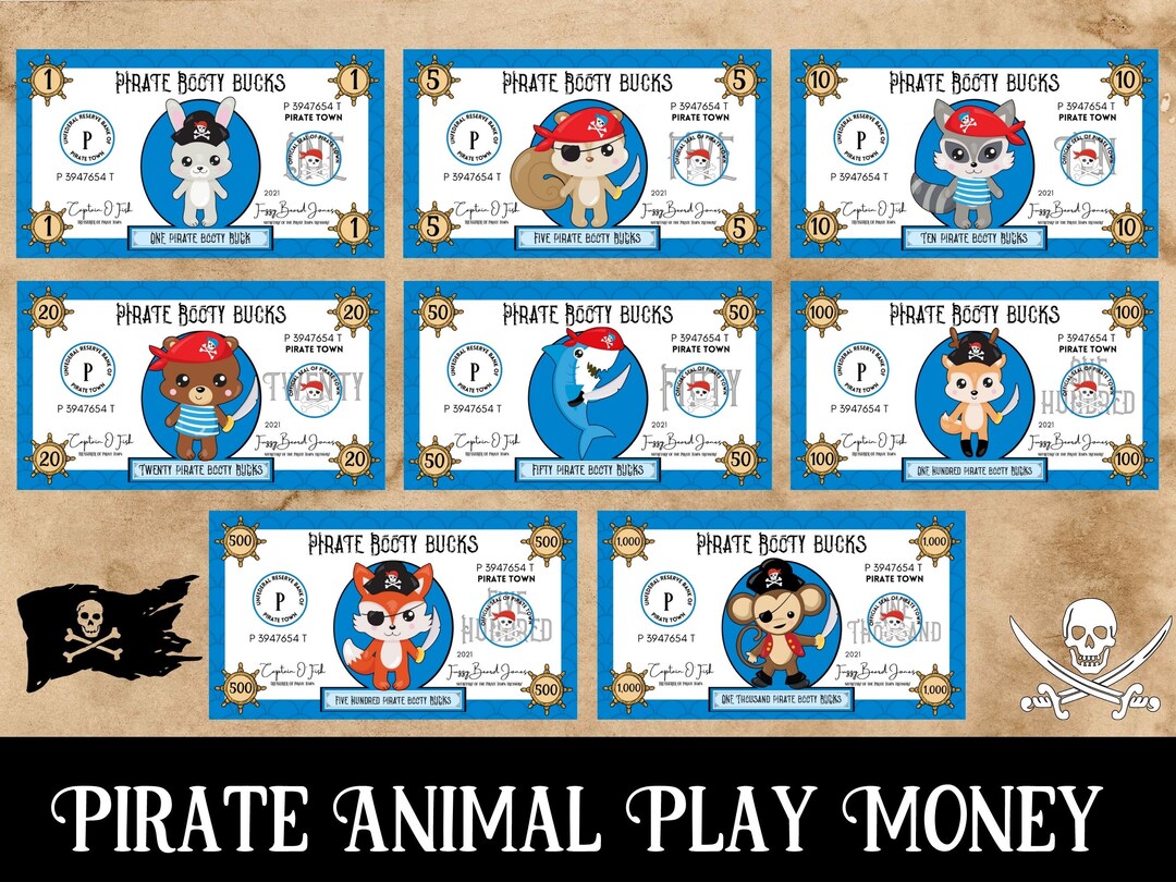 Pirate Animal Printable Play Money, Fun Gift, Fake Pirate Money ...