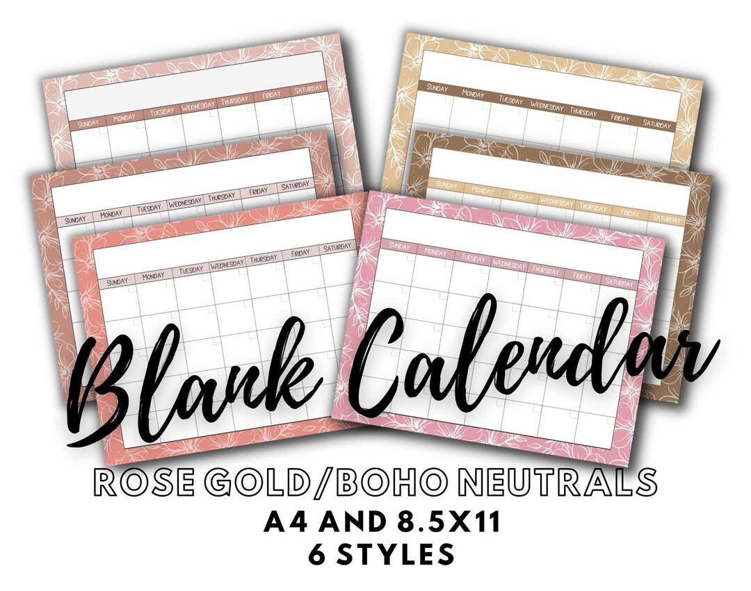 Blank Calendar Rose Gold/boho Neutral, Floral Design, Digital Download ...