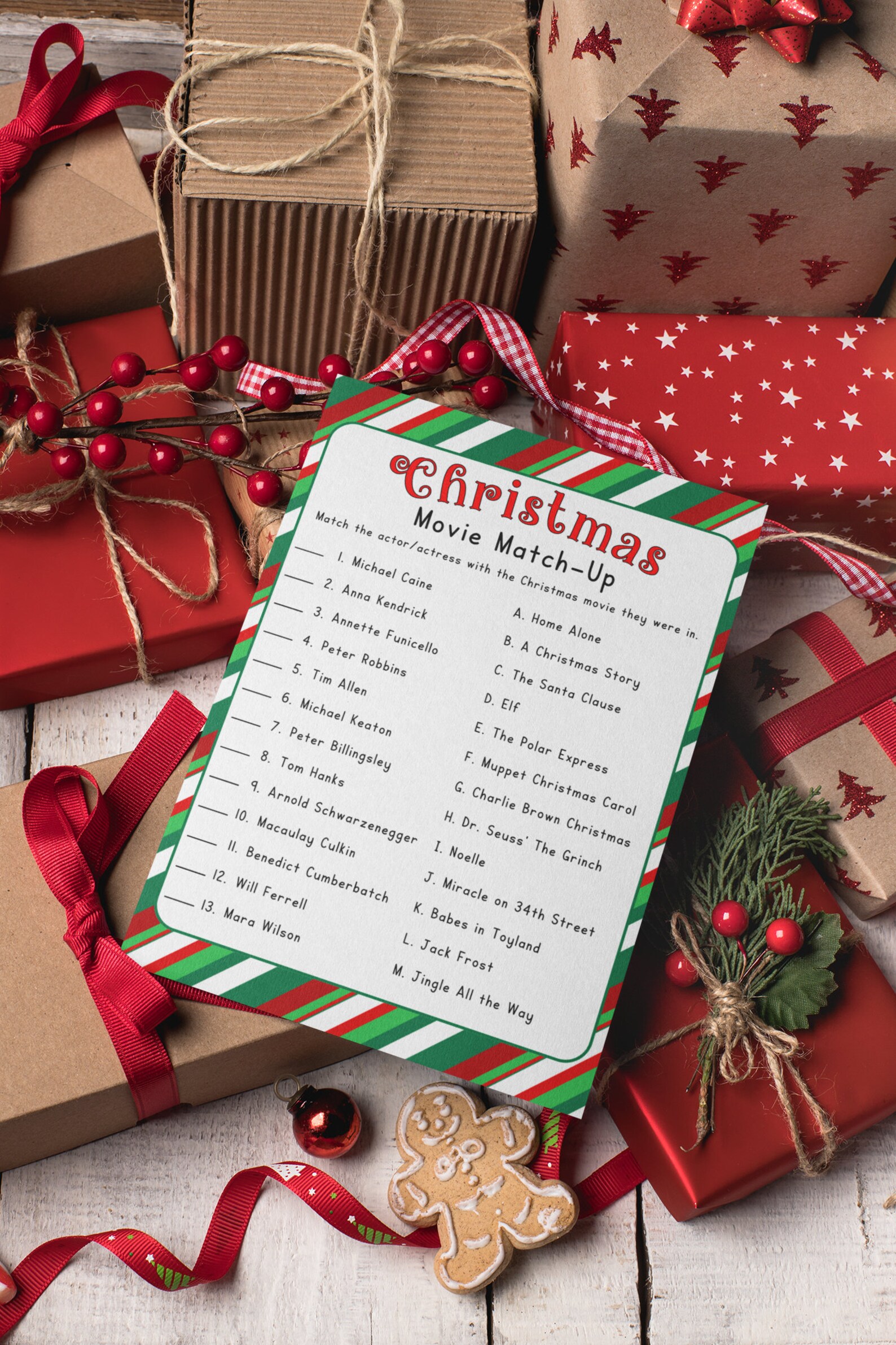 Christmas Movie Match-up Game, Printable Holiday Trivia Game, Large ...