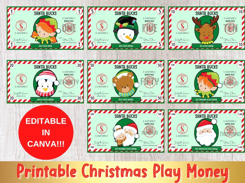 Editable Christmas Printable Play Money, Santa Bucks, Fake Christmas ...