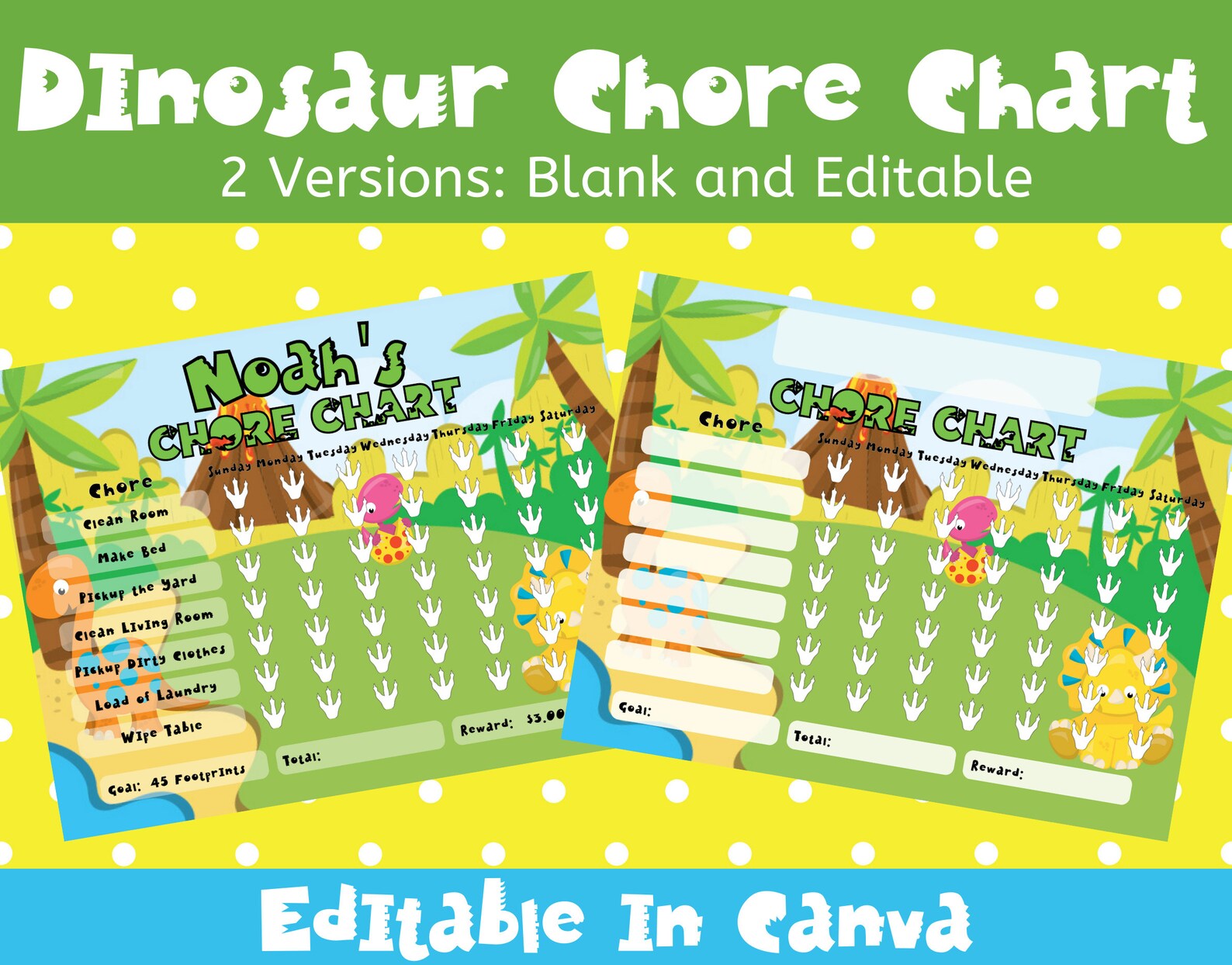 Chore Chart Printable and Editable Dinosaur Weekly Chore Charts for ...
