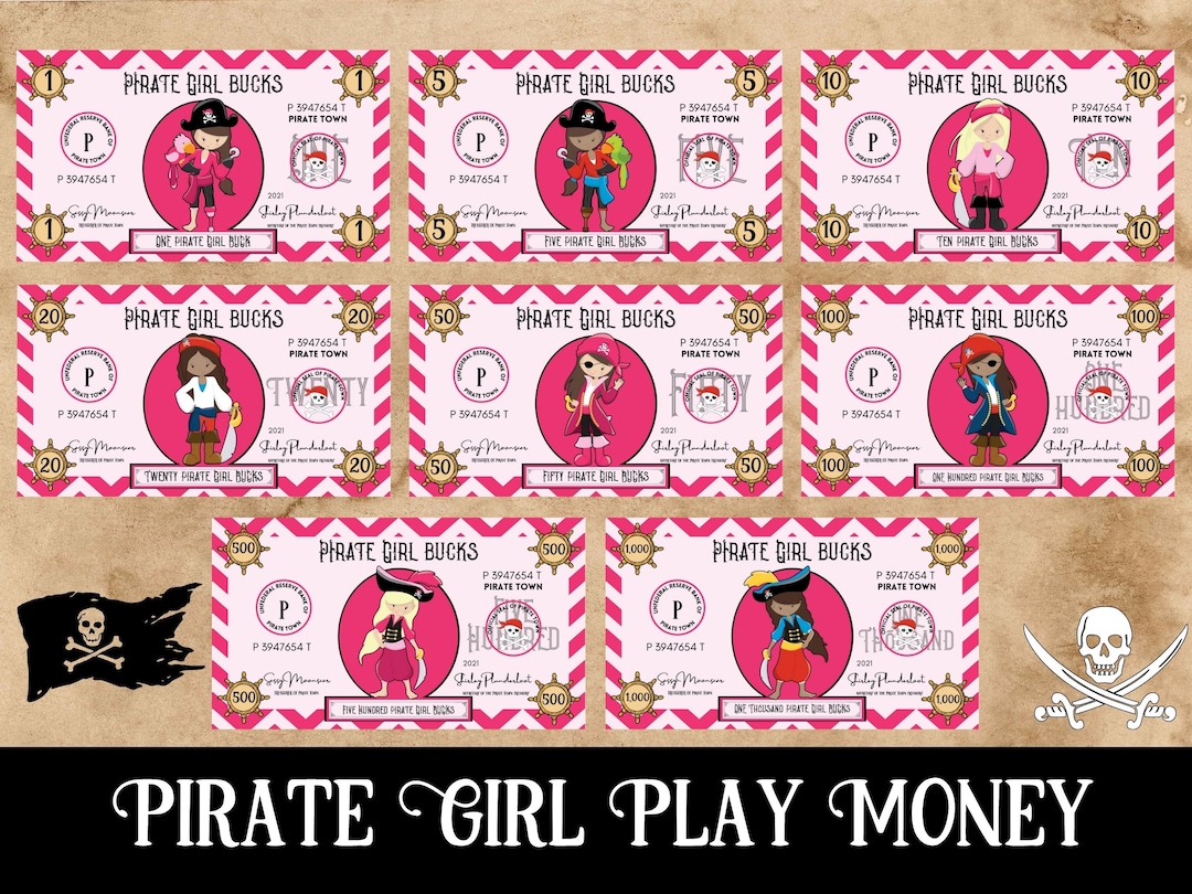 Pirate Girl Printable Play Money, Fun Gift, Fake Pirate Money, Pretend ...