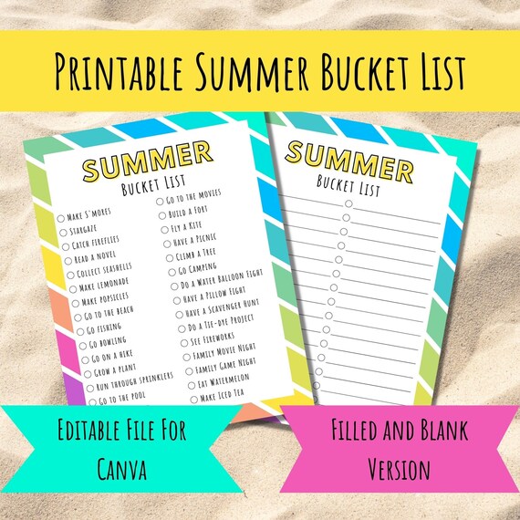 Summer Bucket List Printable Blank and Filled Version | Etsy