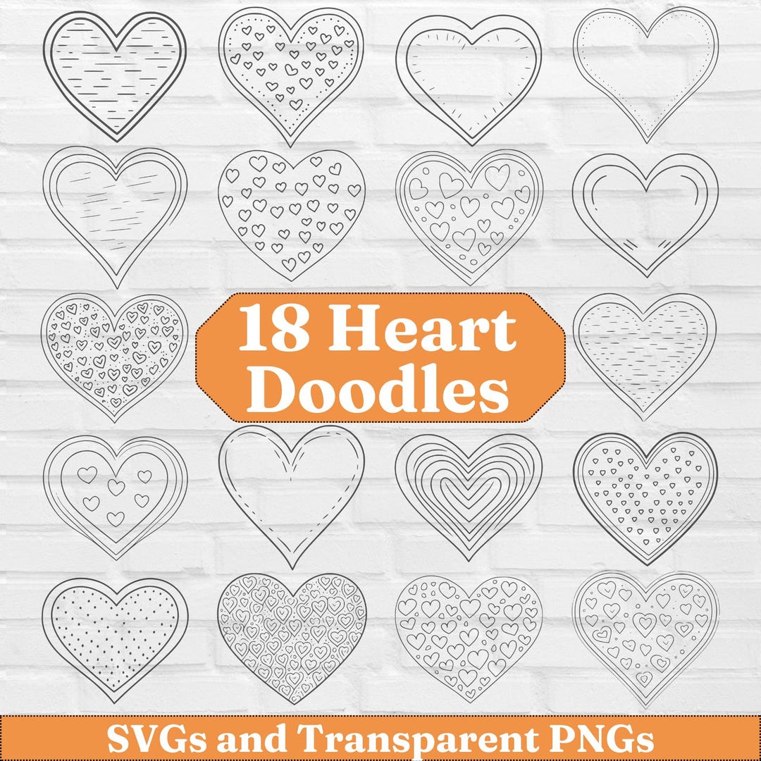 18 Heart Doodles | SVG & Transparent PNG | Black Line Heart Clipart - Etsy
