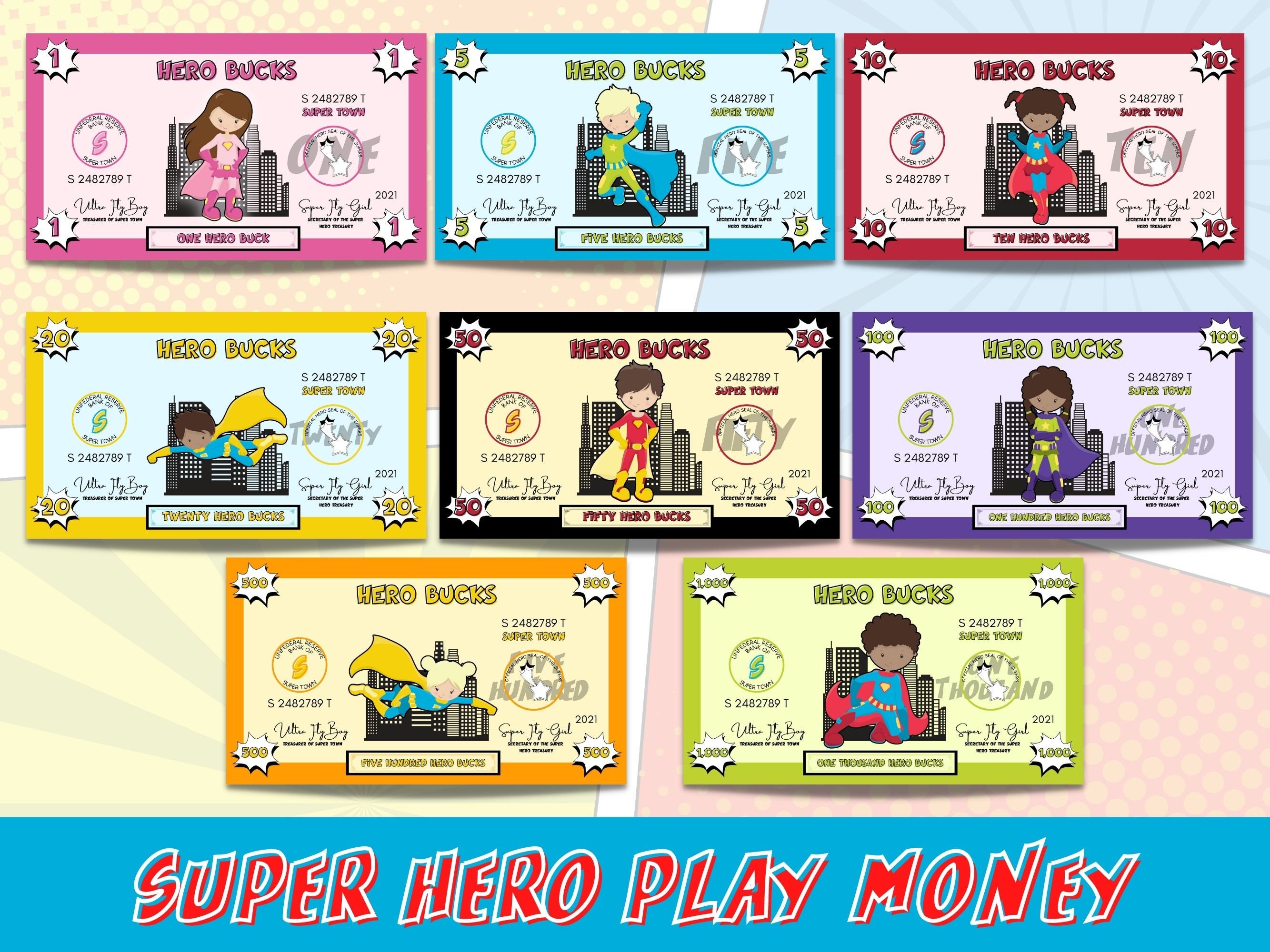 Superhero Play Money, Superhero Bucks, Fake Comic Book Money, Pretend ...