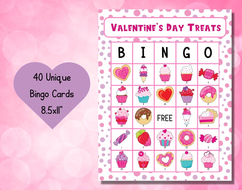Printable Valentine's Day Treats Bingo Game, Valentine Party Game ...