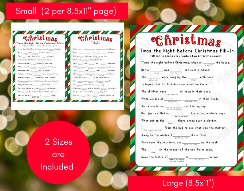 Christmas 'twas the Night Before Christmas Fill-in, Printable Holiday ...
