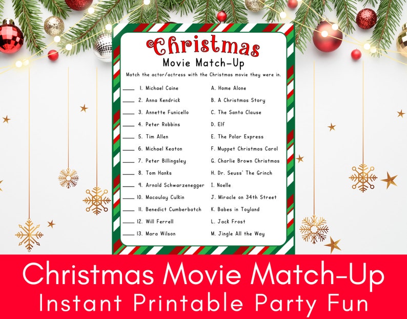 Christmas Movie Match-up Game, Printable Holiday Trivia Game, Large ...