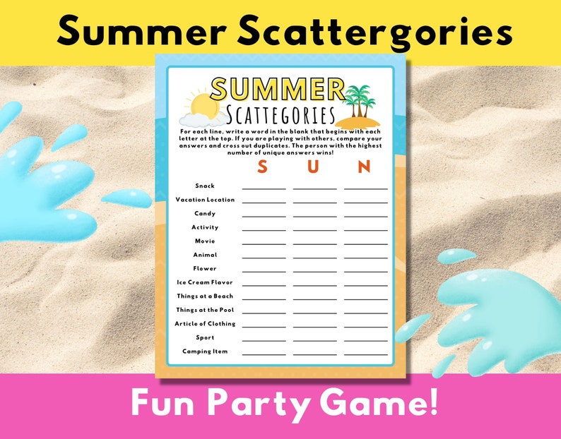 Summer Scattergories Printable Party Game, Large Group Games for ...