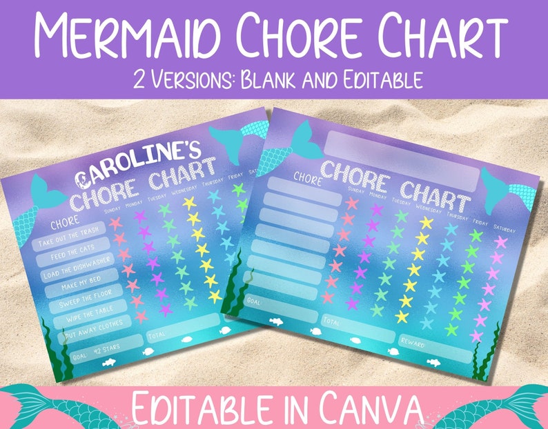 Chore Chart Printable and Editable Mermaid Weekly Chore Charts for Kids ...