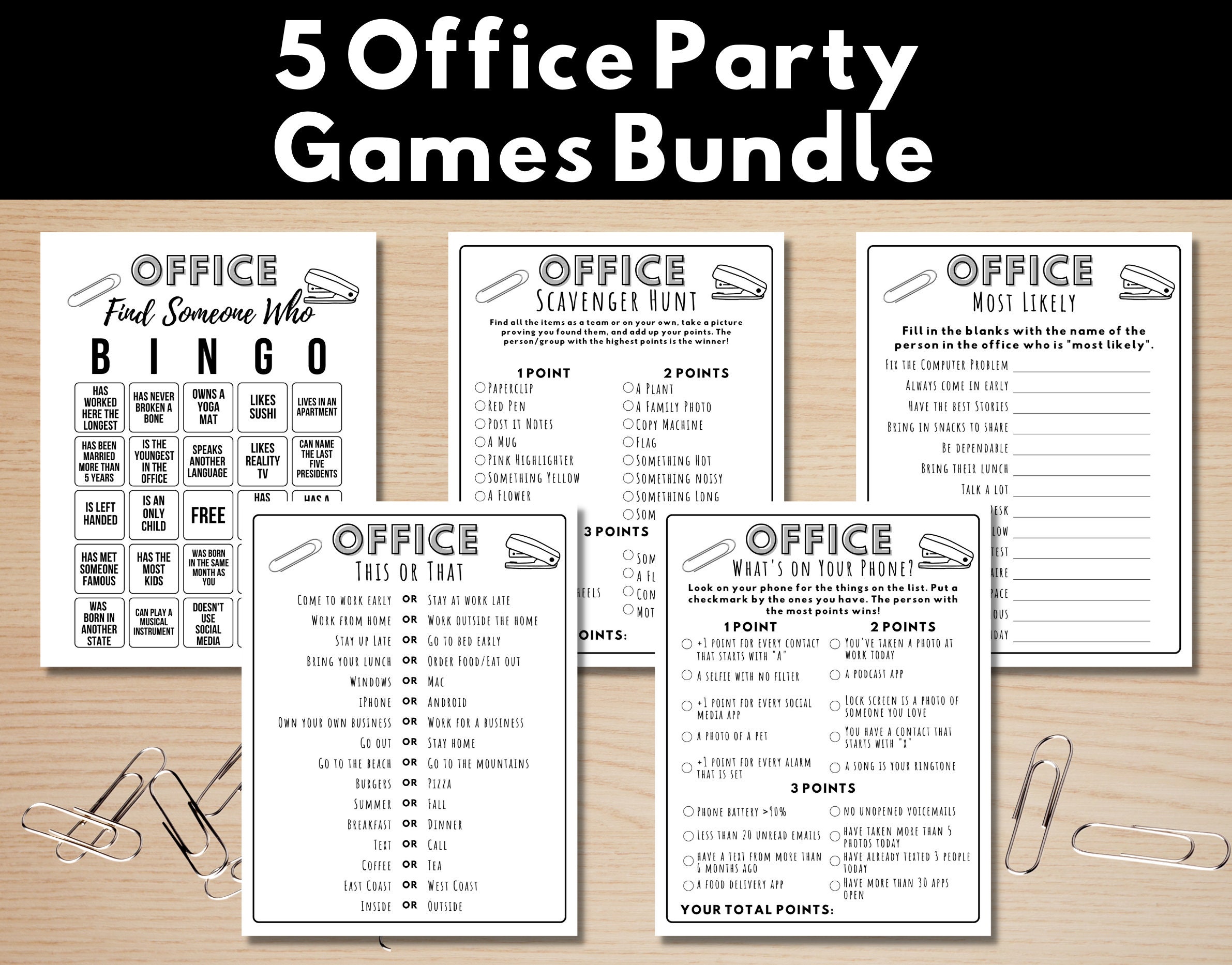 Office Party Game Bundle, 5 Printable Games, Work Party Activity, Team ...