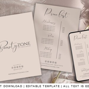 Editable Price List Template, Digital Price List, Salon Price List ...