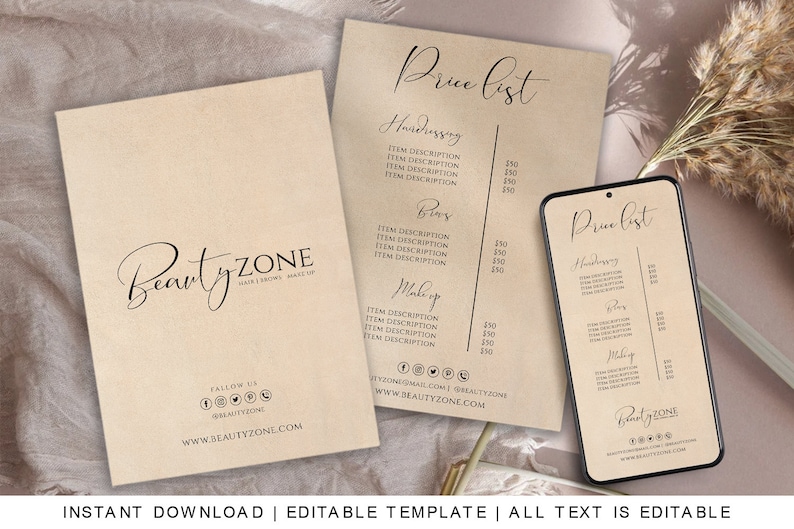 Editable Price List Template, Digital Price List, Salon Price List ...