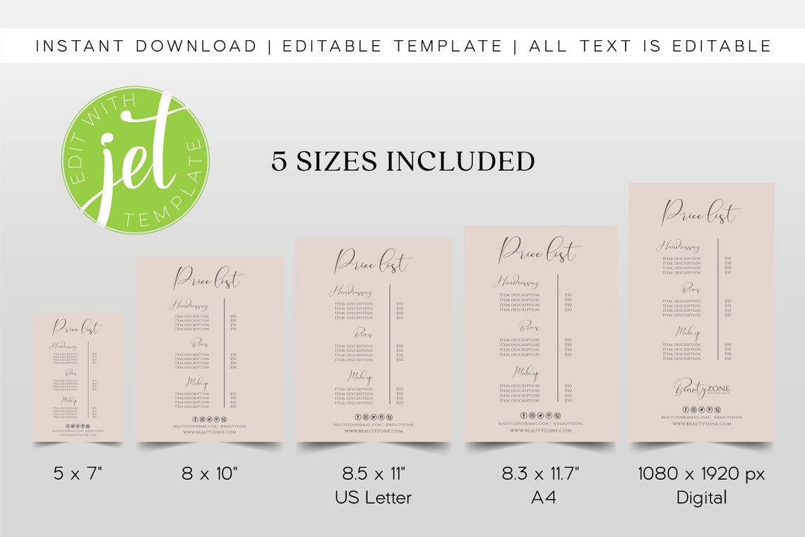 Editable Price List Template, Digital Price List, Salon Price List ...