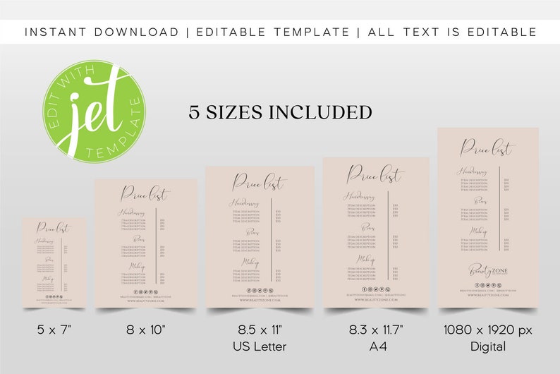 Editable Price List Template, Digital Price List, Salon Price List ...
