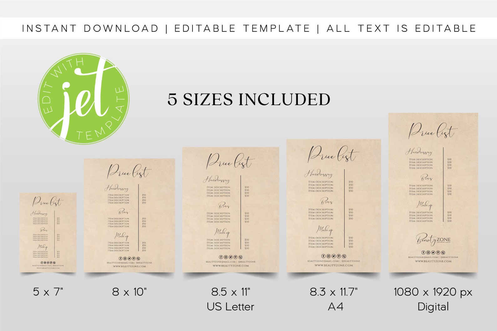 Editable Price List Template, Digital Price List, Salon Price List ...