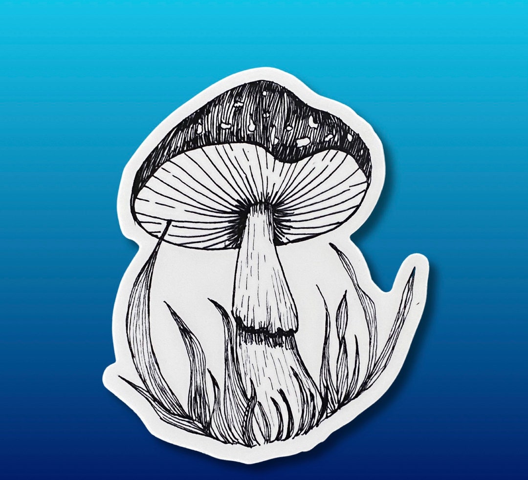 Mushroom Ink Drawn Custom Waterproof Vinyl Sticker, Pen and Ink Drawing ...