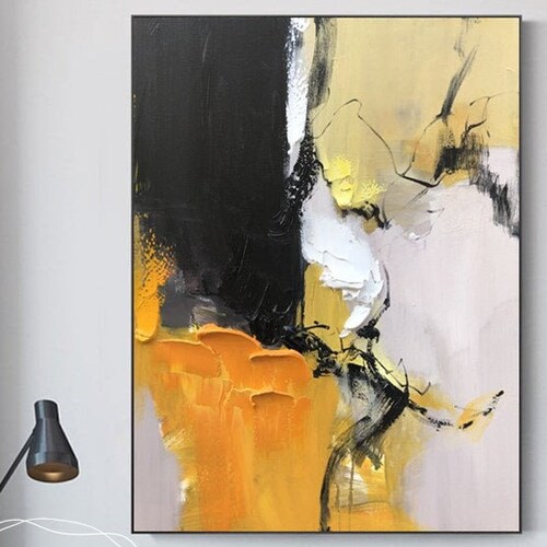 Large Yellow Textured Abstract Painting Original Black and - Etsy