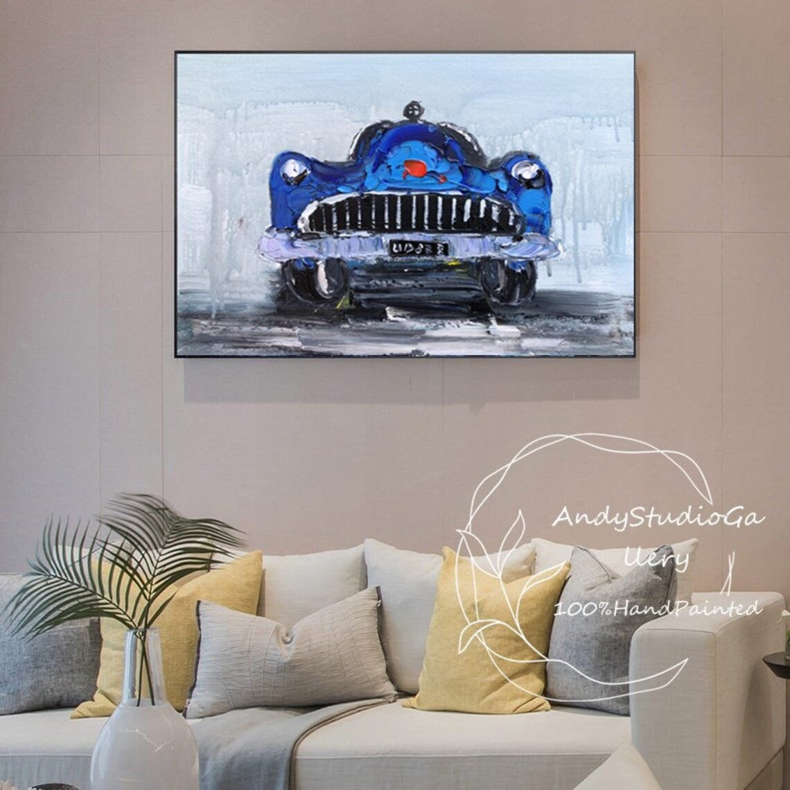 Blue Car Original Oil Paintingretro Car Paintingclassic Car | Etsy