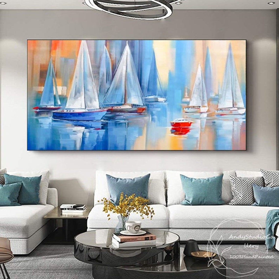 Original Modern Sailboat Landscape Painting Large Abstract Colorful ...