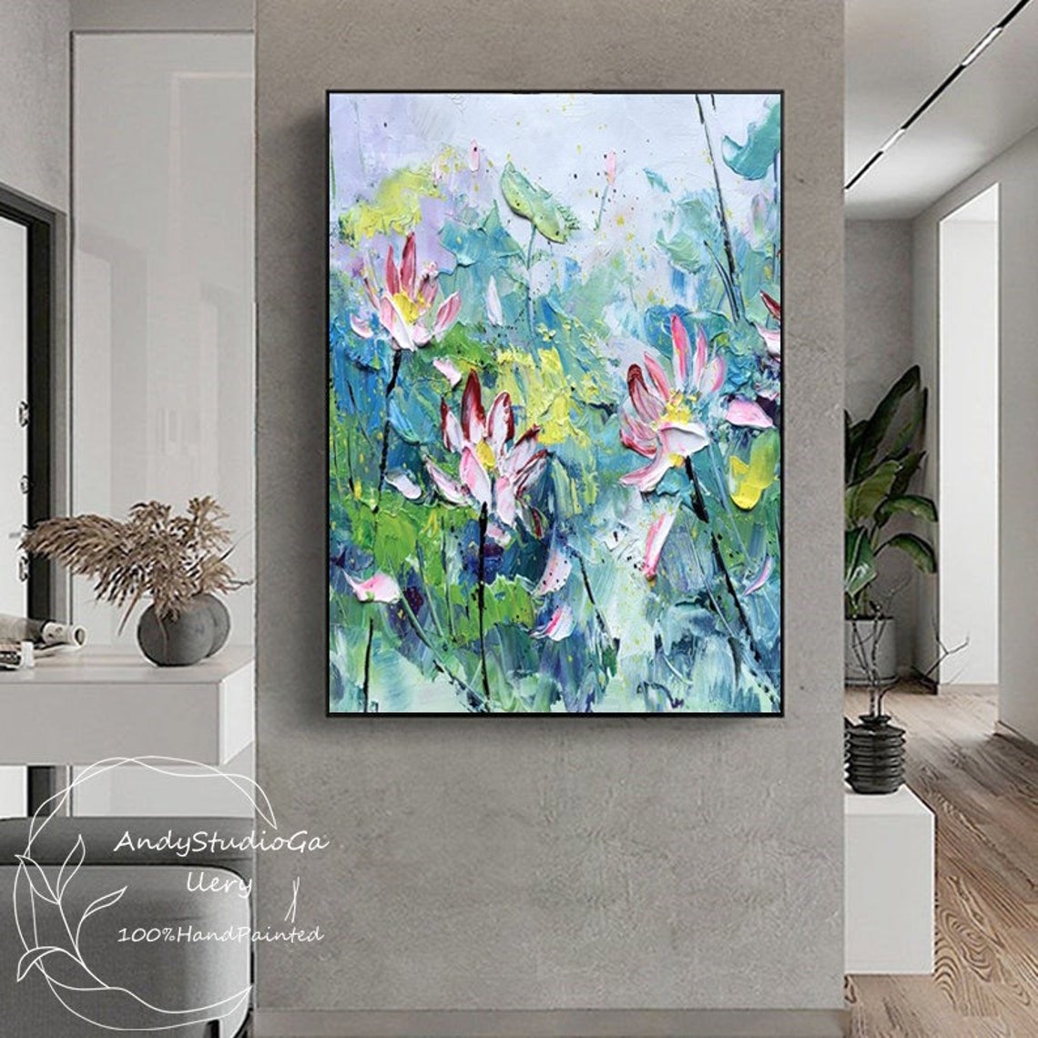 Original Pink Lotus Abstract Painting Large Wall Art Lotus Oil | Etsy