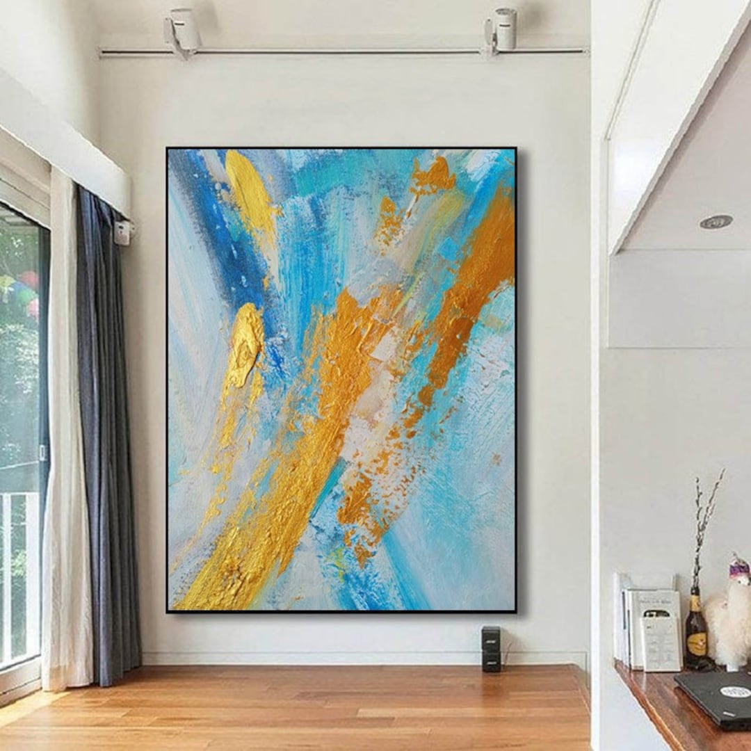 Blue Gold Leaf Oil Painting Original Handmade Abstract Wall Art Gold ...