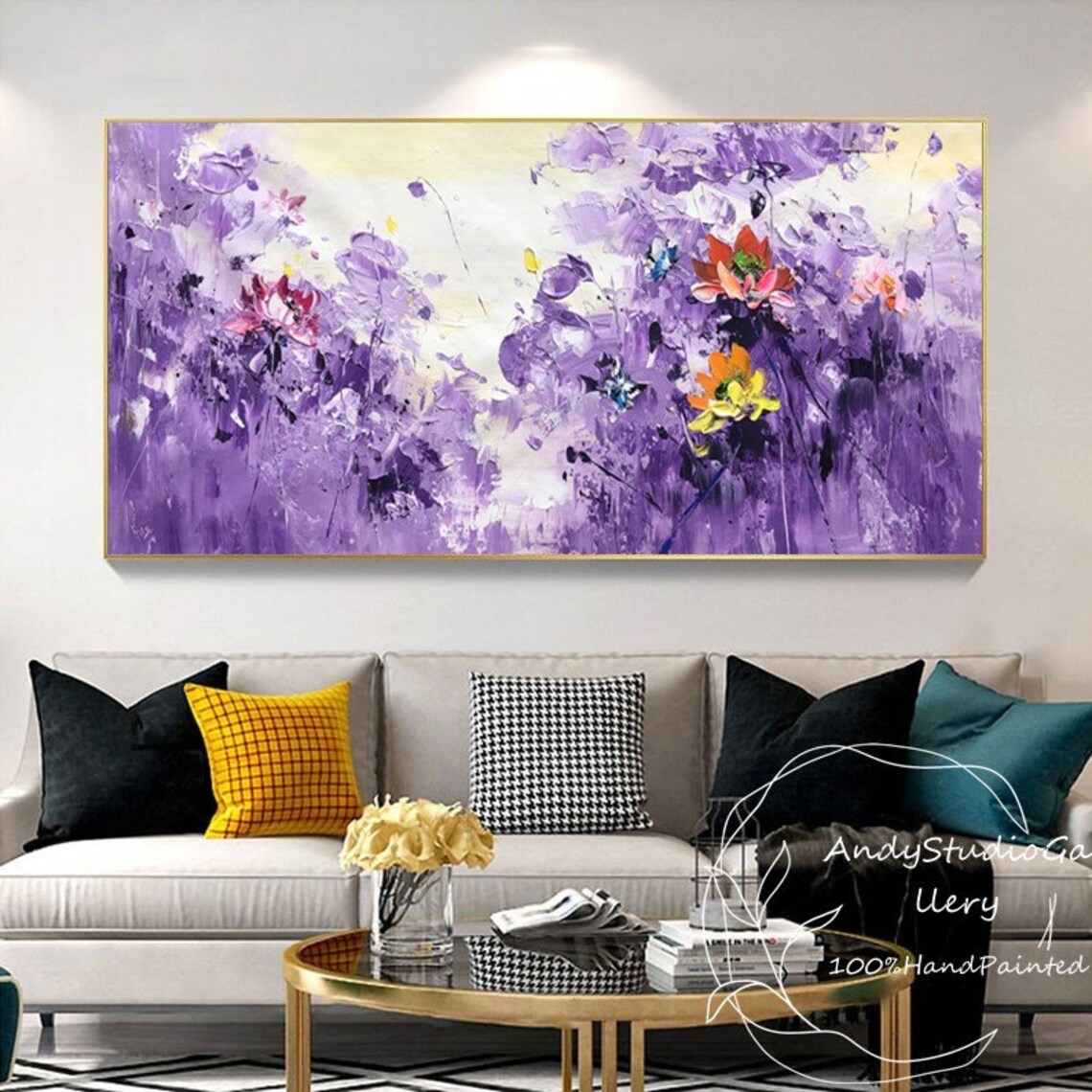 Large Lotus Landscape Canvas Art Floral Oil Painting Purple | Etsy