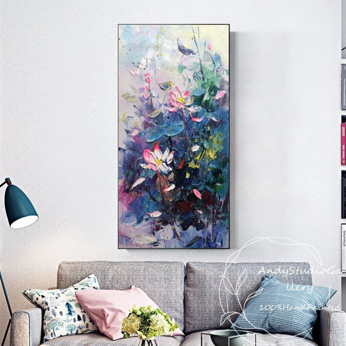 Large Lotus Painting On Canvas Original Lilies Painting Modern | Etsy