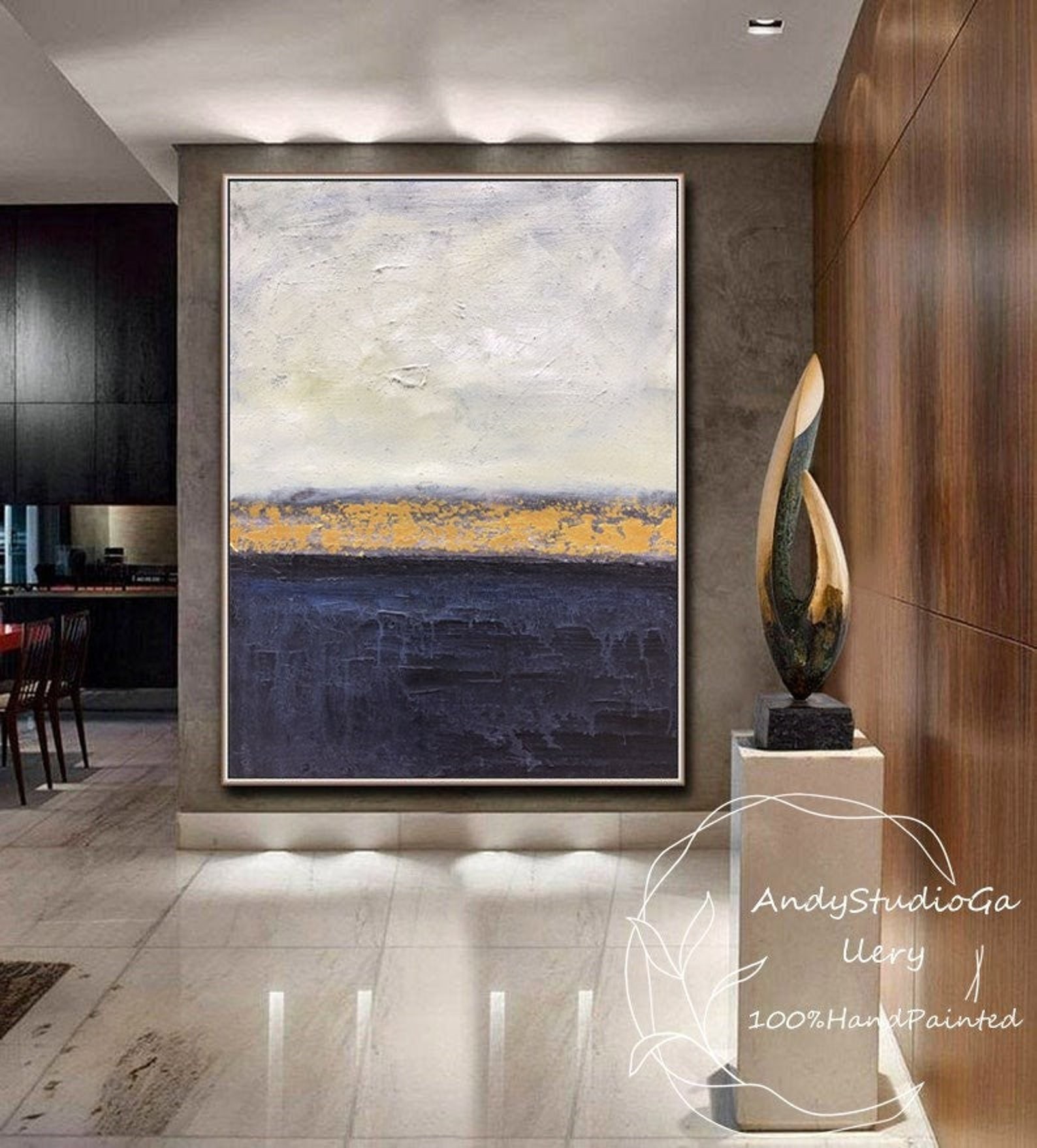 Large Blue Abstract Landscape Painting on Canvas Gold Leaf - Etsy