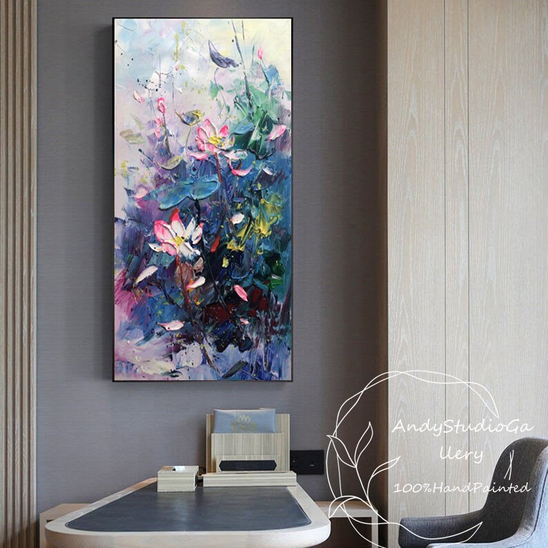 Large Lotus Painting on Canvas Original Textured Flowers Wall Art Hand ...
