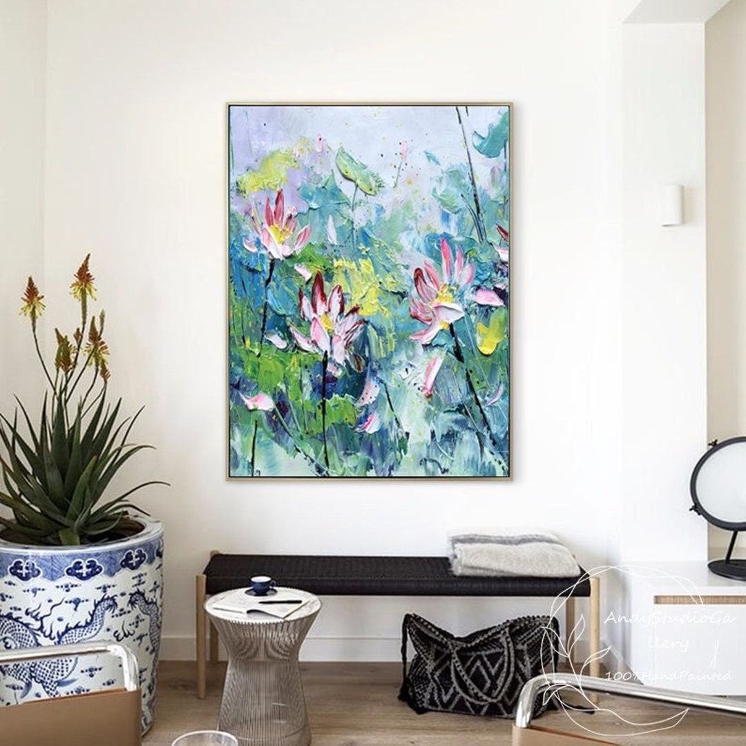 Original Pink Lotus Abstract Painting Large Lotus Landscape - Etsy