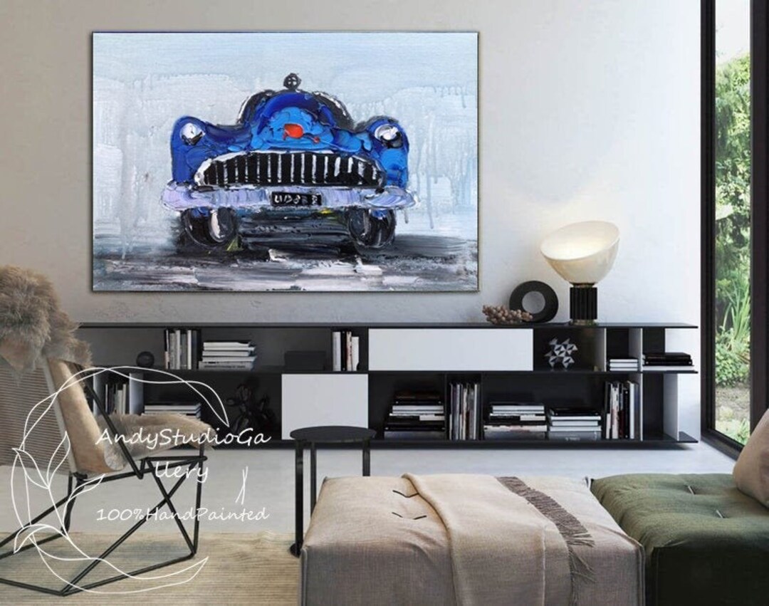 Blue Car Original Oil Painting,retro Car Painting,classic Car Wall Art ...